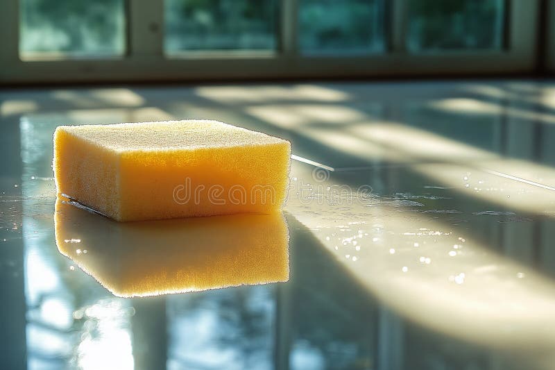 Reflection of a Yellow Cleaning Sponge on a Glossy Surface in Sunlight ...