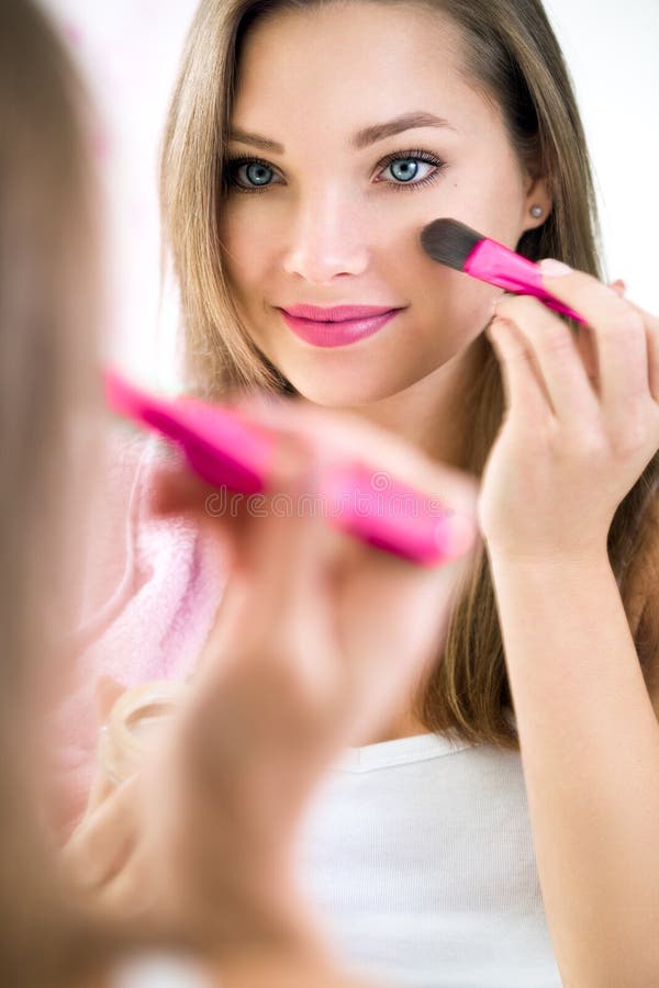 Reflection of Young Beautiful Woman Applying Her Make-up Stock Image ...