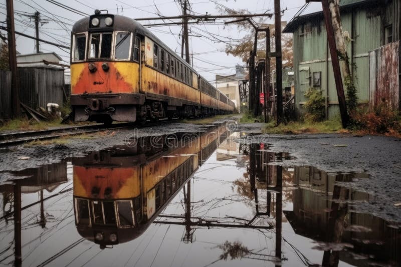 Reflections of Abandoned Trains in a Rain-soaked Puddle Stock ...