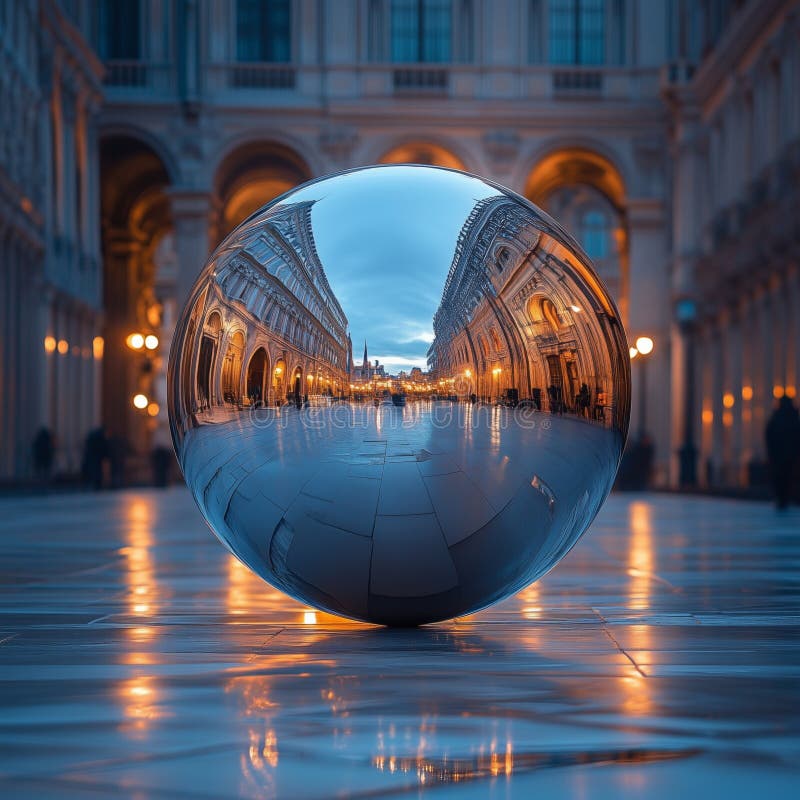 Reflections of Architectural Grandeur in a Metallic Sphere at Dusk ...