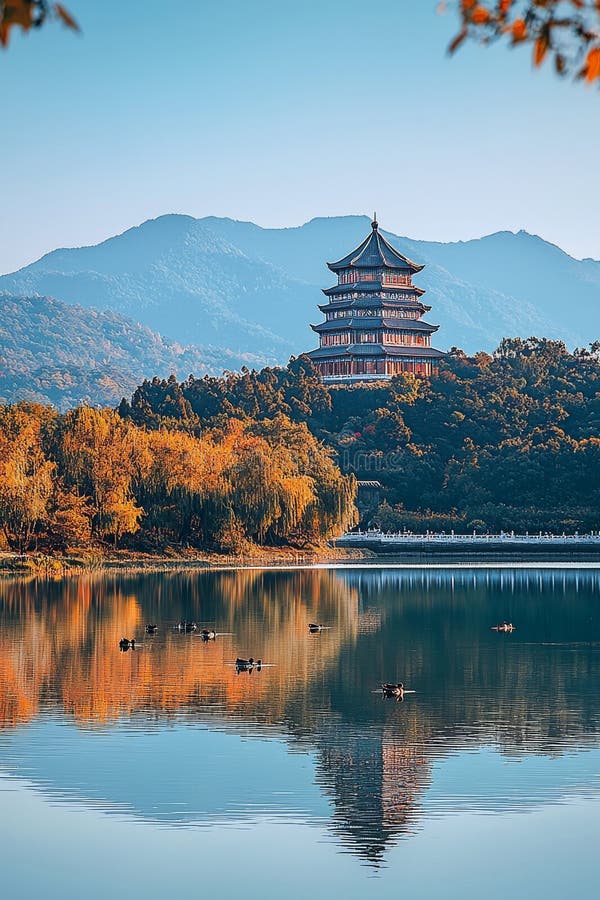Reflections of Autumn Tranquility in an Orange Tree-filled Lake Stock ...