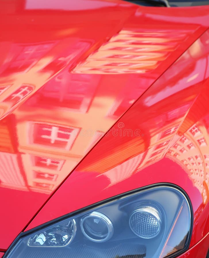 Reflections of Buildings on Cowl of Car Stock Image - Image of motion ...