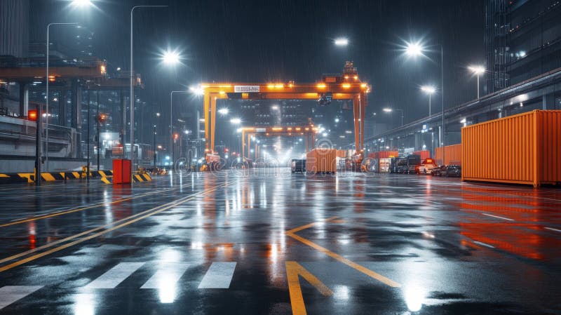Reflections Bustling Harbor Night Illuminated Cranes Shipping ...