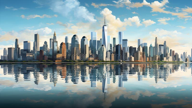 Reflections of a City Skyline Shimmering on a Calm River Stock ...