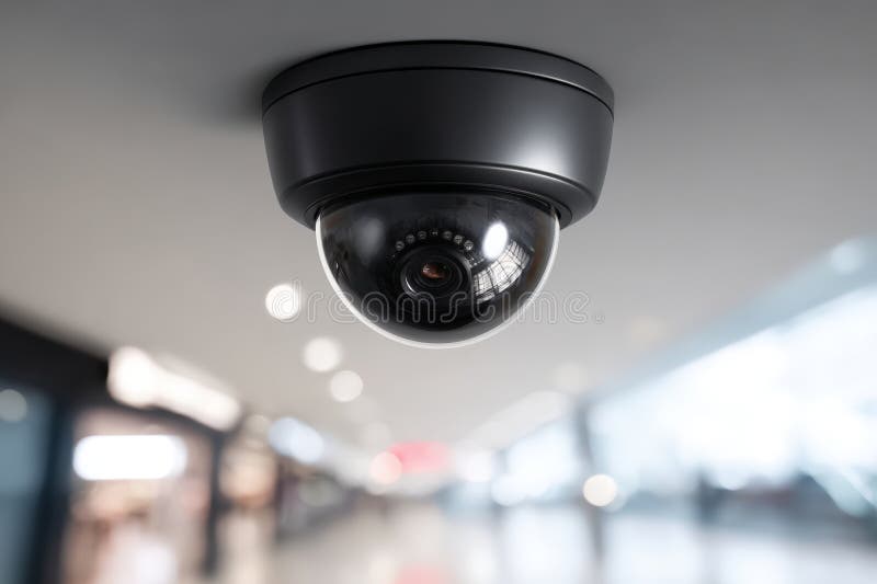Reflections of Hallway Lights in a Security Camera at a Modern Building ...