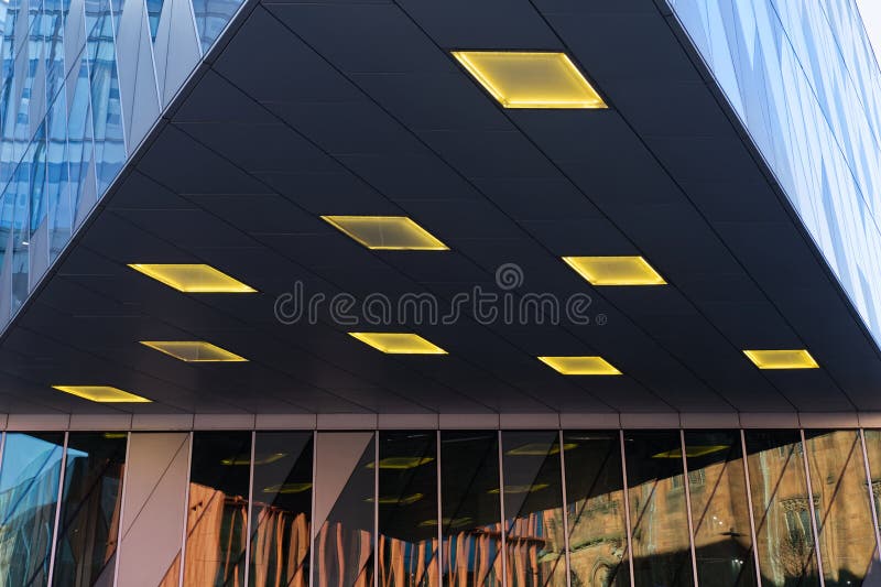 Reflections on Modern Glass Building, Viewed from Below. Spinningfields ...