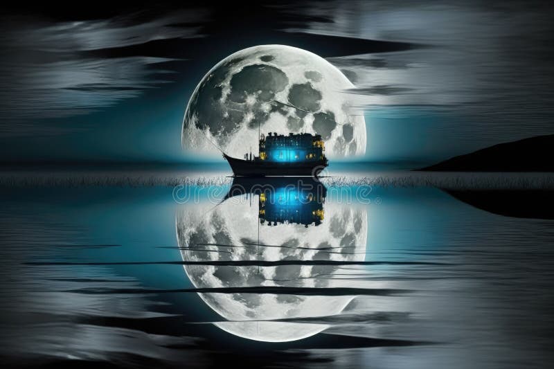 Reflections of the Moon, the Boat, and the Water Stock Illustration ...