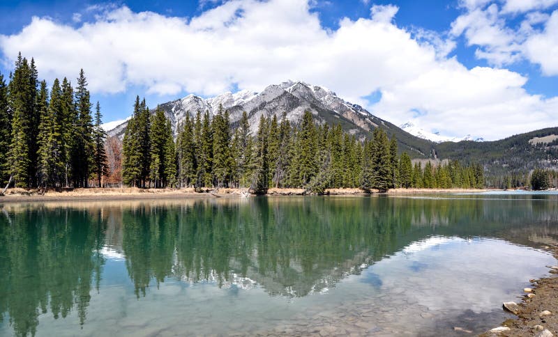 Reflections of Mountain and Forest in Lake Stock Image - Image of shore ...