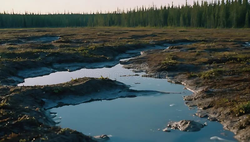 Reflections in Muddy Puddles Landscape with Distant Trees on the ...