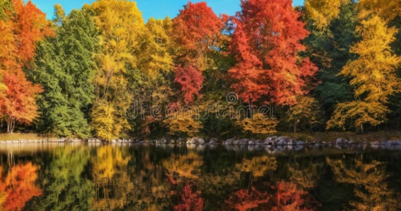 Reflections on Pond Fall Foliage Panorama Generative AI. Stock ...