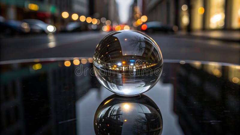 Reflections of Preparation a Crystal Clear Glass Sphere on a Reflective ...