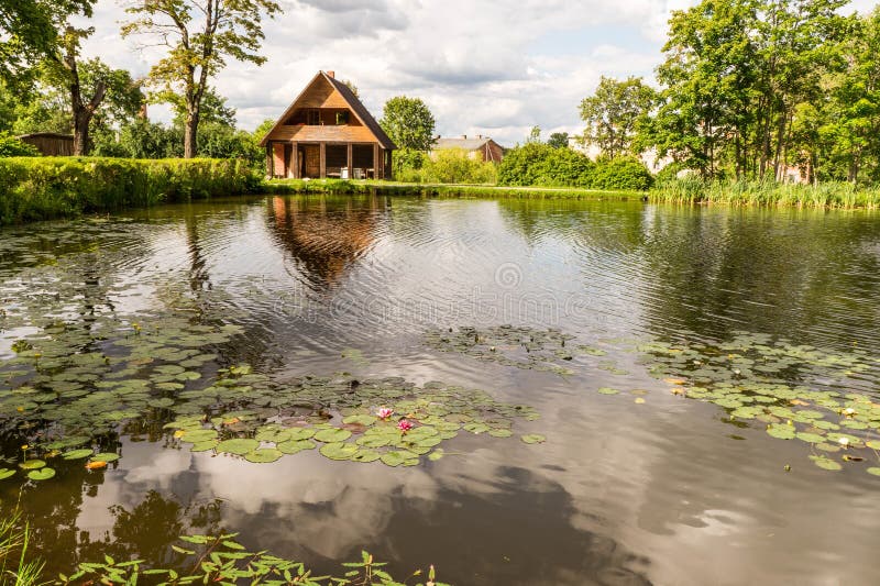 Reflections in rural pond stock photo. Image of green - 98231194