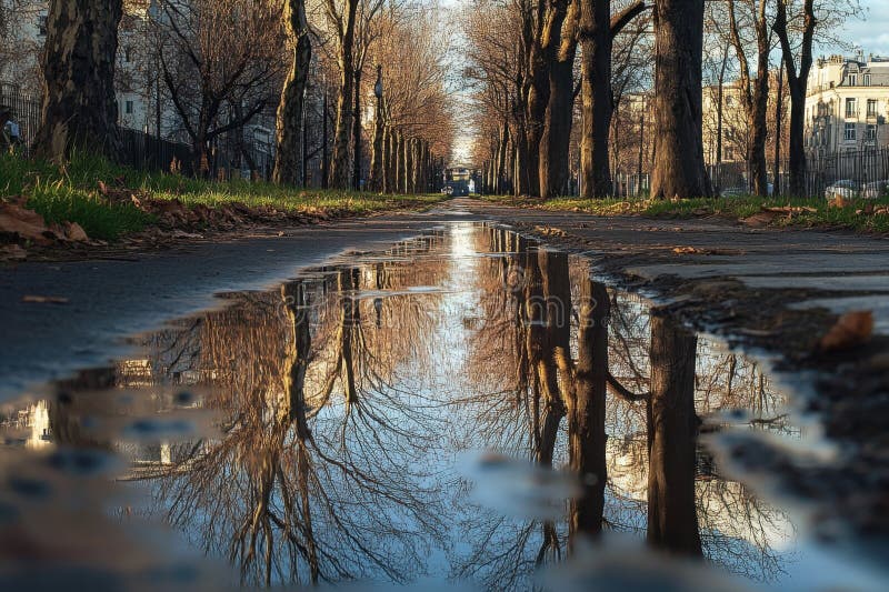 Reflections on a Serene Path after Rain, Showcasing Nature and Urban ...
