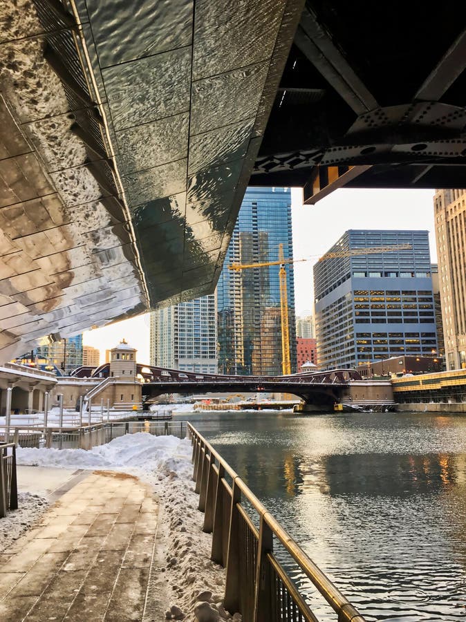 Reflections of Snow Covered Chicago Loop Along the Riverwalk of the ...