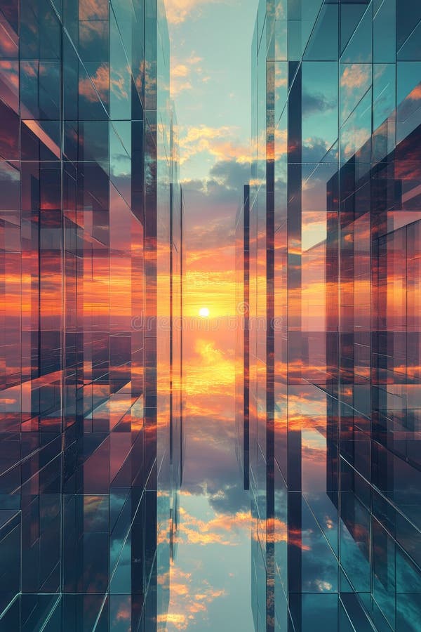 Reflections of a Sunset in Abstract Mirrored Architecture at Twilight ...
