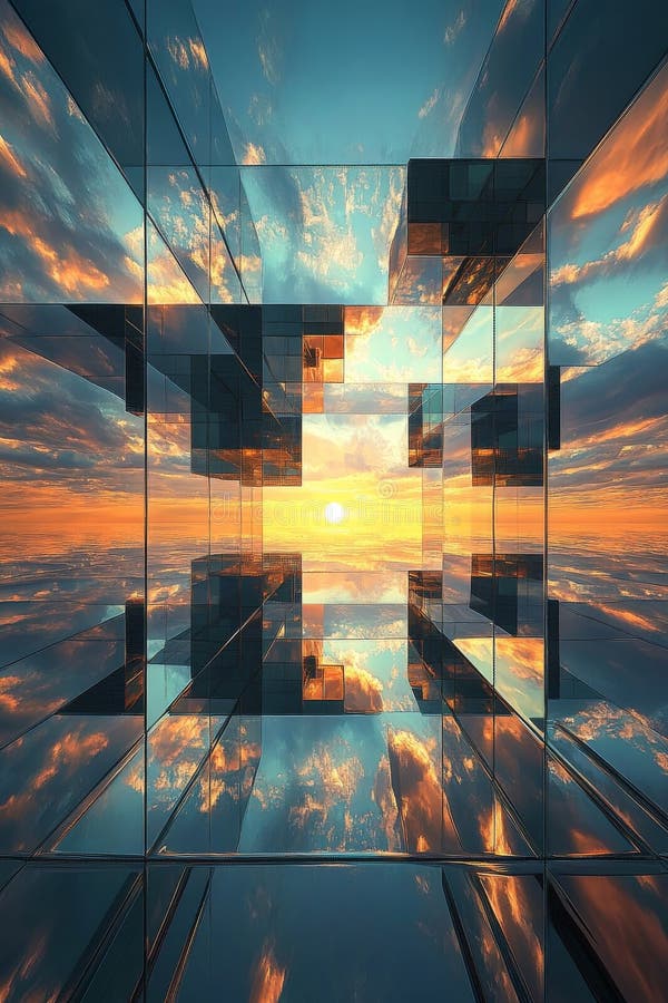 Reflections of a Sunset in Abstract Mirrored Architecture at Twilight ...