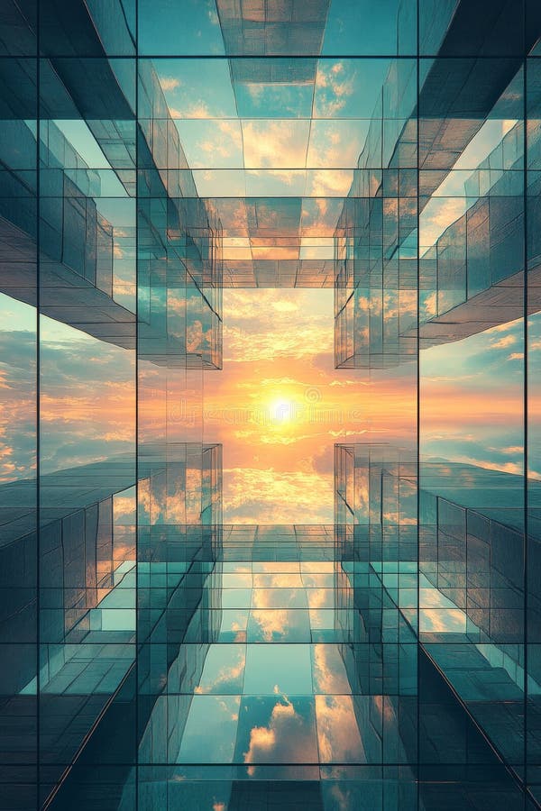 Reflections of a Sunset in Abstract Mirrored Architecture at Twilight ...