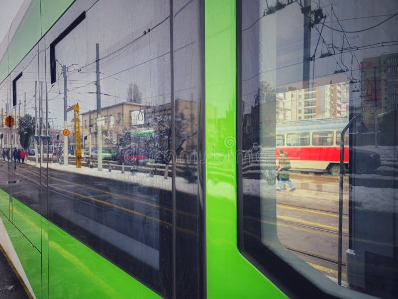 Reflections on a Tram Windows Stock Photo - Image of metal ...