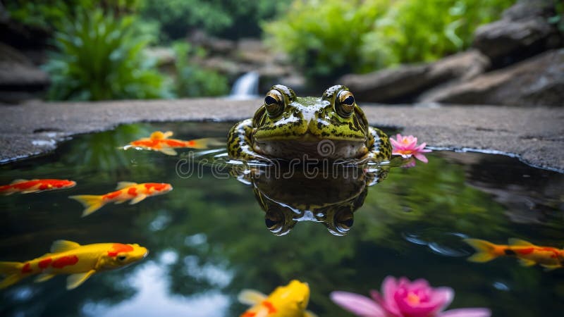 Reflections in Tranquility: Bullfrog with Oi Fish and Waterfalls Stock ...