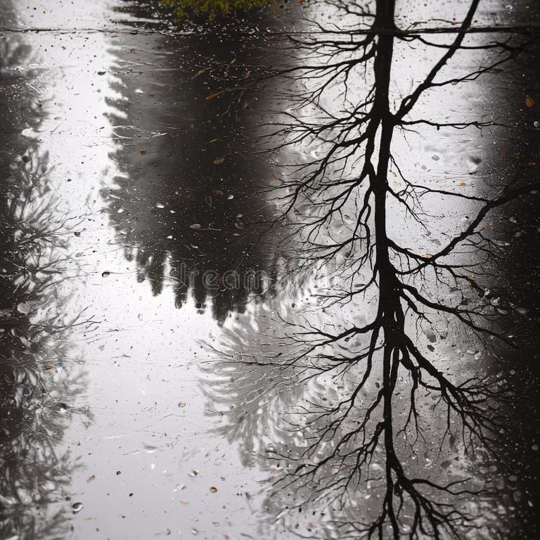 Reflections of Trees in a Puddle in Rainy Weather. Generative AI Stock ...