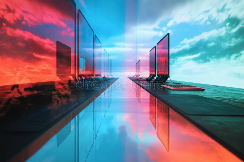 Computers Aligned on a Reflective Surface with Colorful Skies in the ...