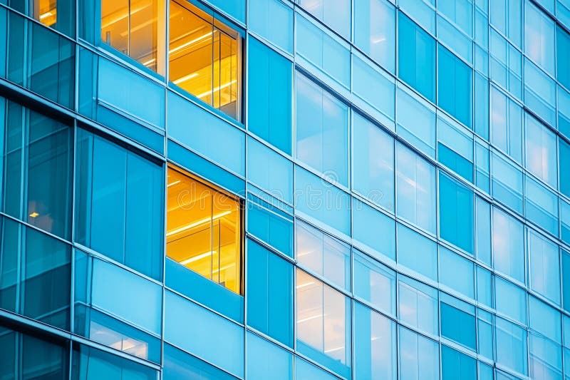Reflections and Warm Light on Modern Office Building at Dusk Creating a ...
