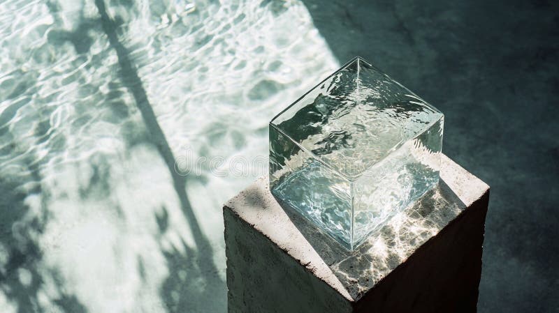 Reflections on a Water Cube Resting Atop a Stone Pedestal in a Serene ...