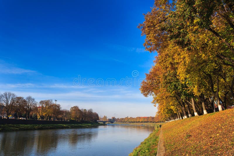 Reflections of Yellow Foliage and Blue Sky in Fall Horizontal Stock ...