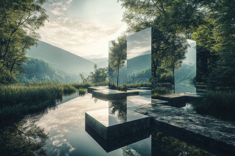 Reflective Art Installation Surrounded by Nature in a Serene Mountain ...