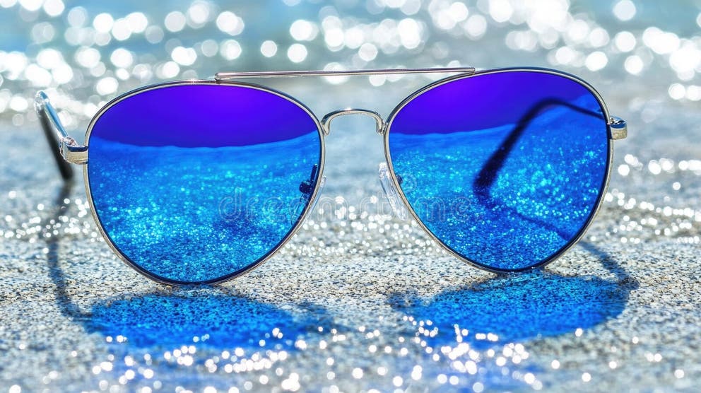 Reflective Aviator Sunglasses on Sparkling Sandy Beach with Blue Ocean ...