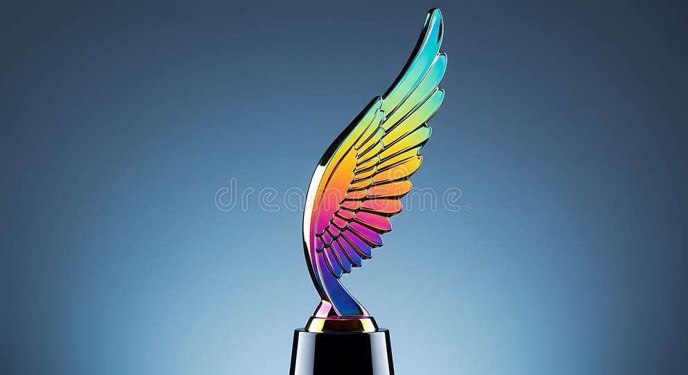 Reflective Award Trophy with Rainbow Wings on Gradient Background ...