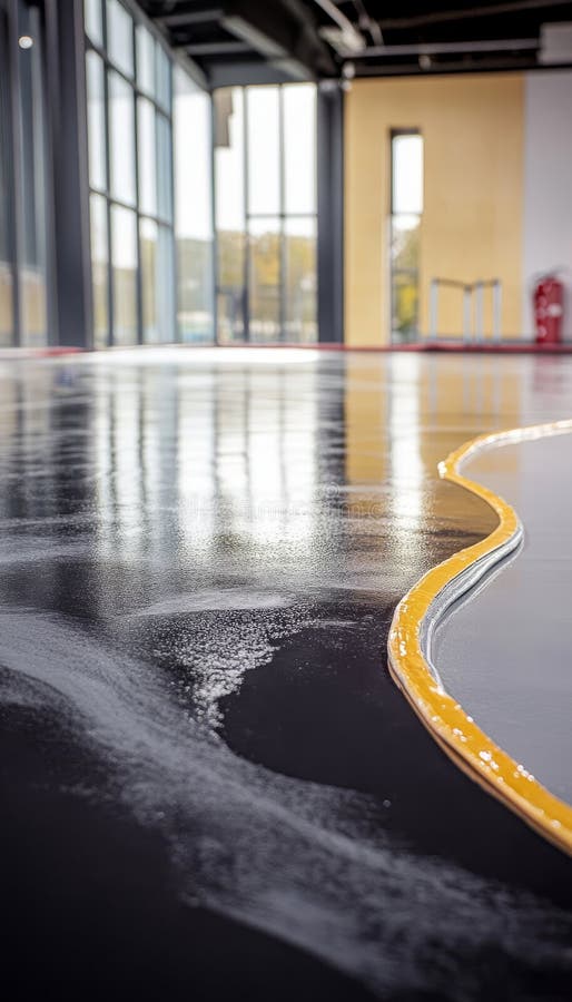 Reflective Black Epoxy Floor with Yellow Stripe Edge Detail in a Modern ...