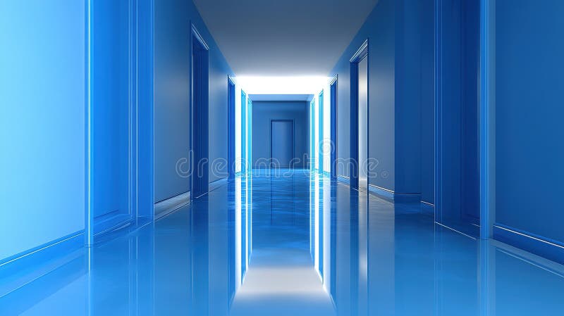 Reflective Blue Hallway with Doors and Bright Light at the End Stock ...