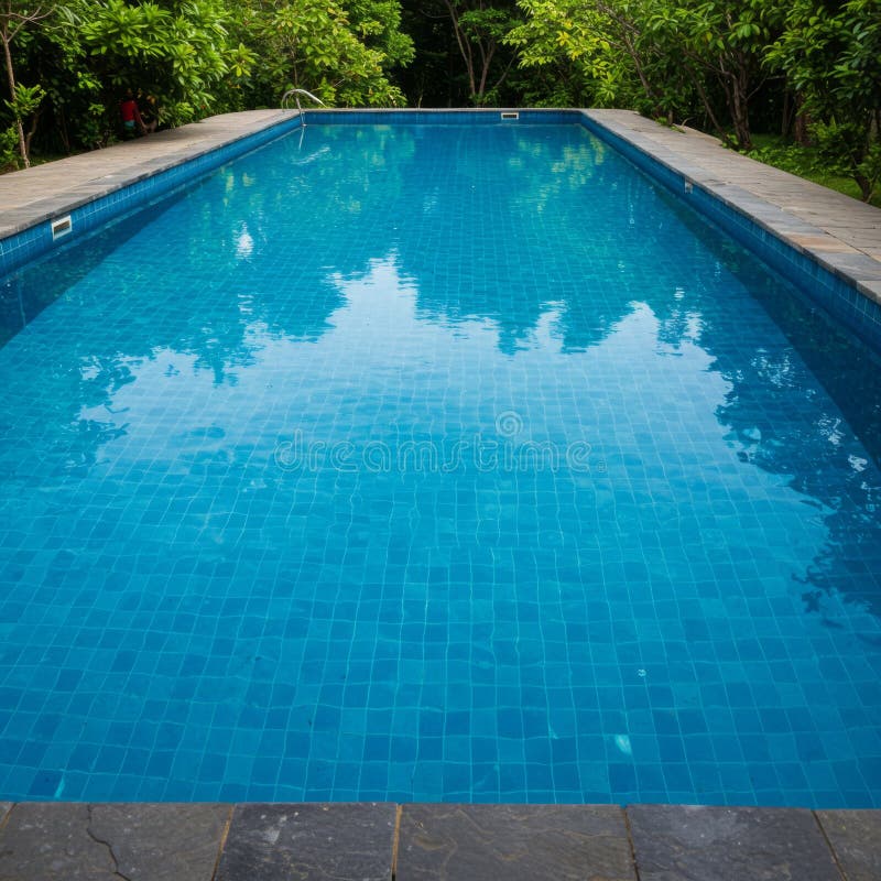 Reflective Blue Rectangular Swimming Pool Surrounded by Lush Greenery ...