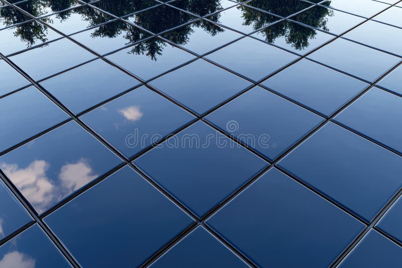 Reflective Blue Tiles Reflecting Sky and Trees Stock Illustration ...