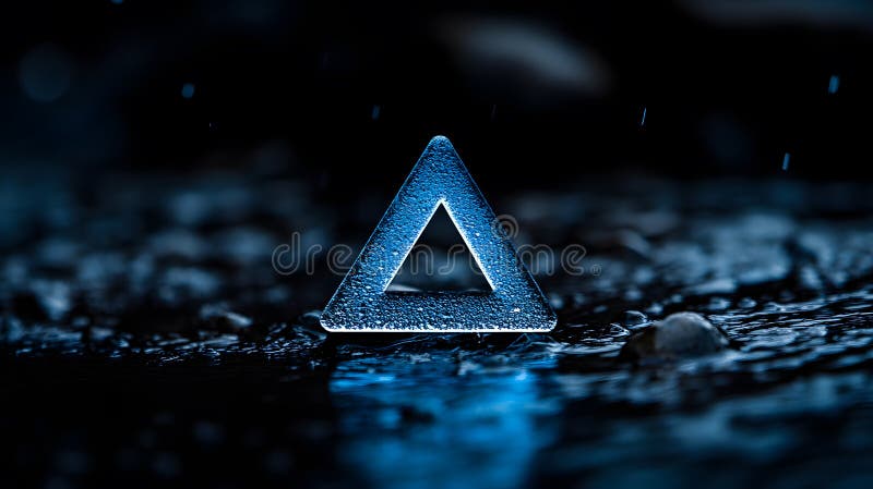 A Reflective Blue Triangle Symbol Emerging from Water Droplets in a ...