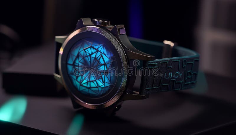 Reflective Blue Watch on Metal Table Surface Generated by AI Stock ...