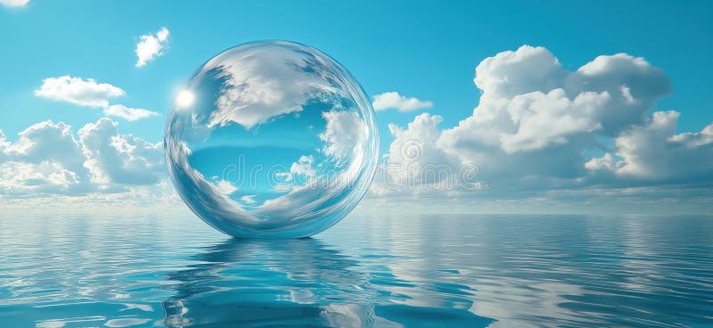 Reflective Bubble Floating on Calm Water Under Blue Sky with Clouds ...