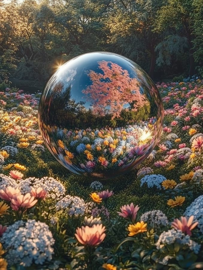 Reflective Chrome Sphere in Vibrant Multicolored Flower Field with ...
