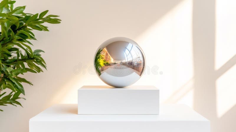 Reflective Chrome Sphere on a White Pedestal Indoor Stock Illustration ...