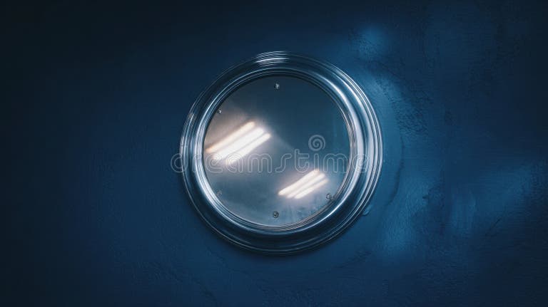 Reflective Circular Mirror on Blue Wall with Soft Lighting Showcasing ...