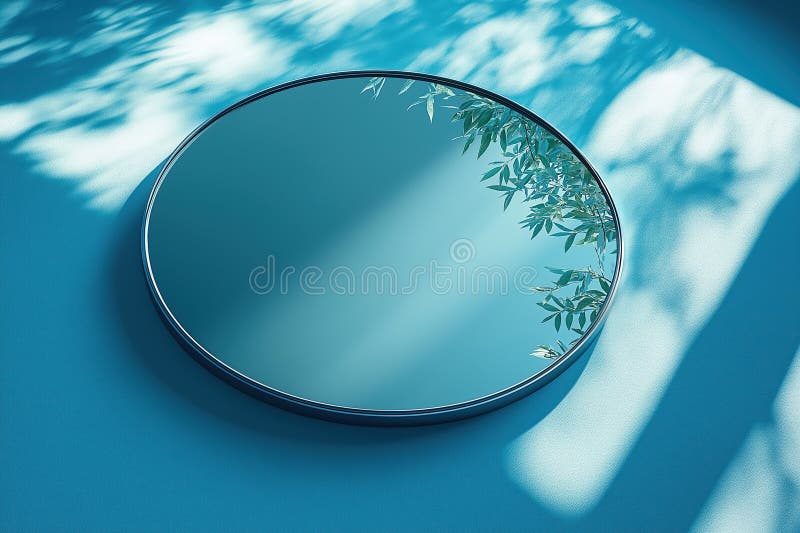 Reflective Circular Mirror Resting on a Vibrant Blue Surface with Soft ...