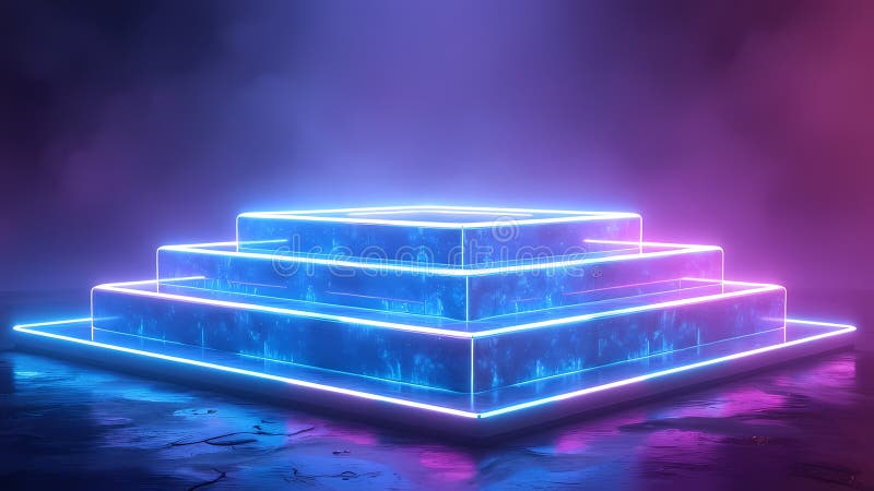 Reflective Circular Platform with Neon Glow Patterns Stock Illustration ...