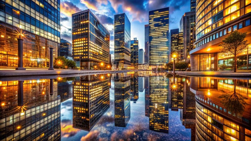 Reflective Cityscape at Dusk Illuminated Modern Buildings Mirrored in ...