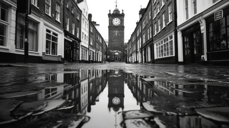 Reflective Clock Tower on a Rainy City Street Stock Illustration ...