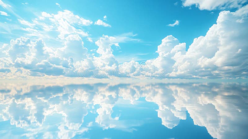 Reflective Cloudscape: Blue Sky, White Clouds Mirrored on Calm Water ...
