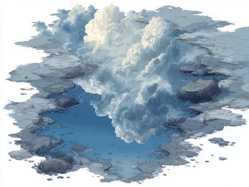 Reflective Cloudscape: Blue Sky and White Clouds Mirrored in a Puddle Stock Illustration ...