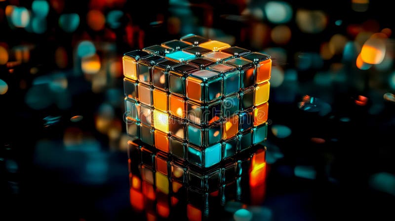 Reflective Combination Puzzle Floating on Dark Background with Bokeh ...