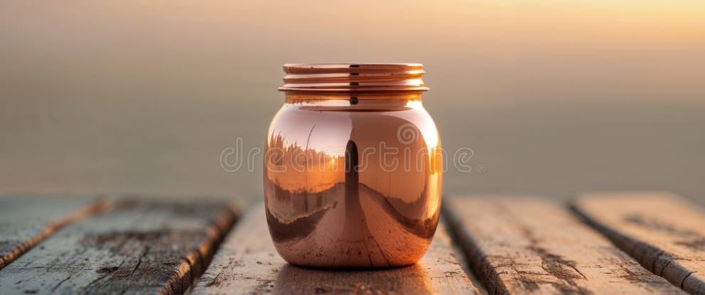 Reflective Copper Jar on Wooden Table at Sunset. Stock Photo - Image of ...