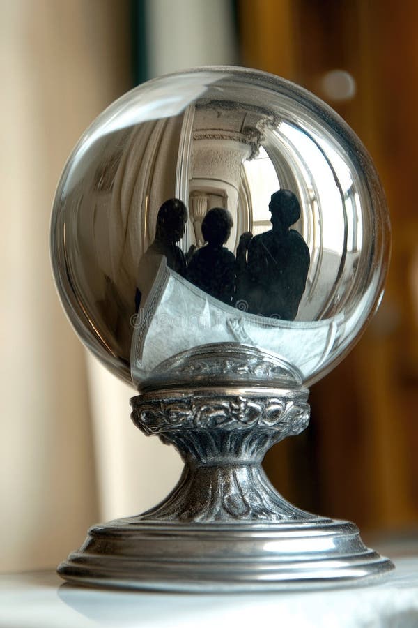 Reflective Crystal Ball with Silhouetted Figures and Ornate Base Stock ...